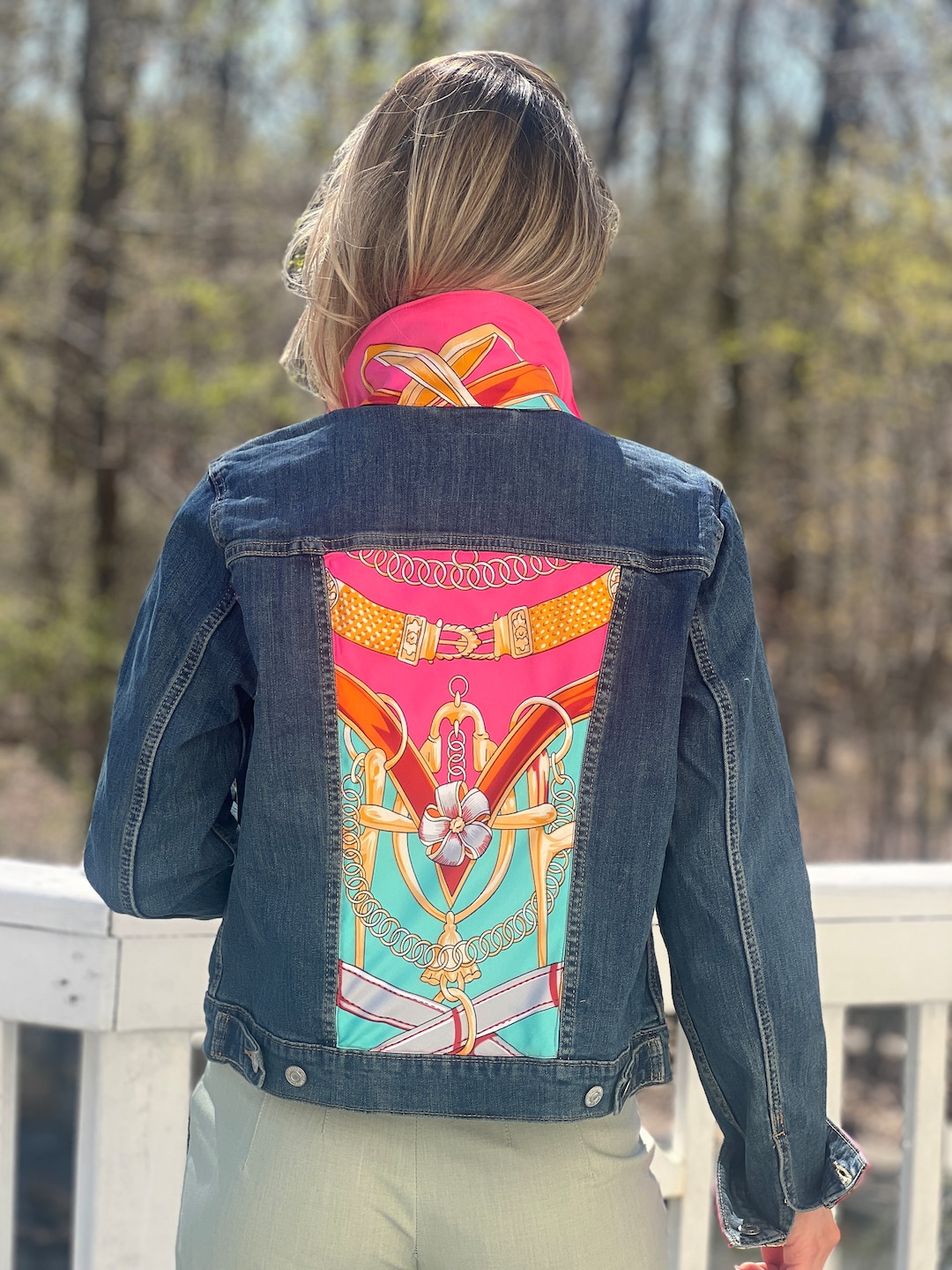 Equestrian Jean Jacket With Equine Scarf Panels - Etsy