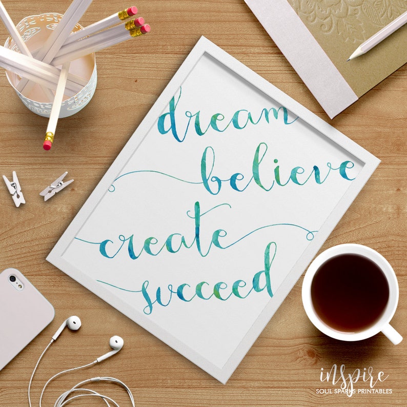Dream Believe Create Succeed Aqua Blue Green Calligraphy | Etsy