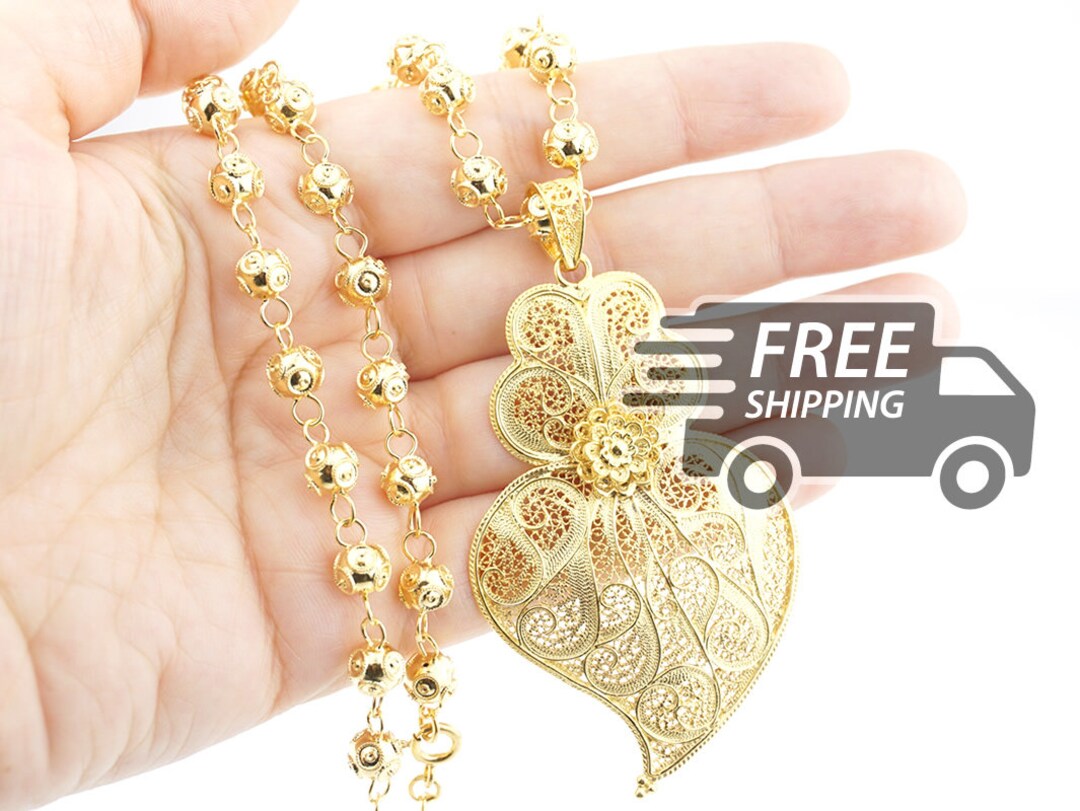 Portuguese Filigree Short Necklace: Large Viana Heart, Small Beads ...