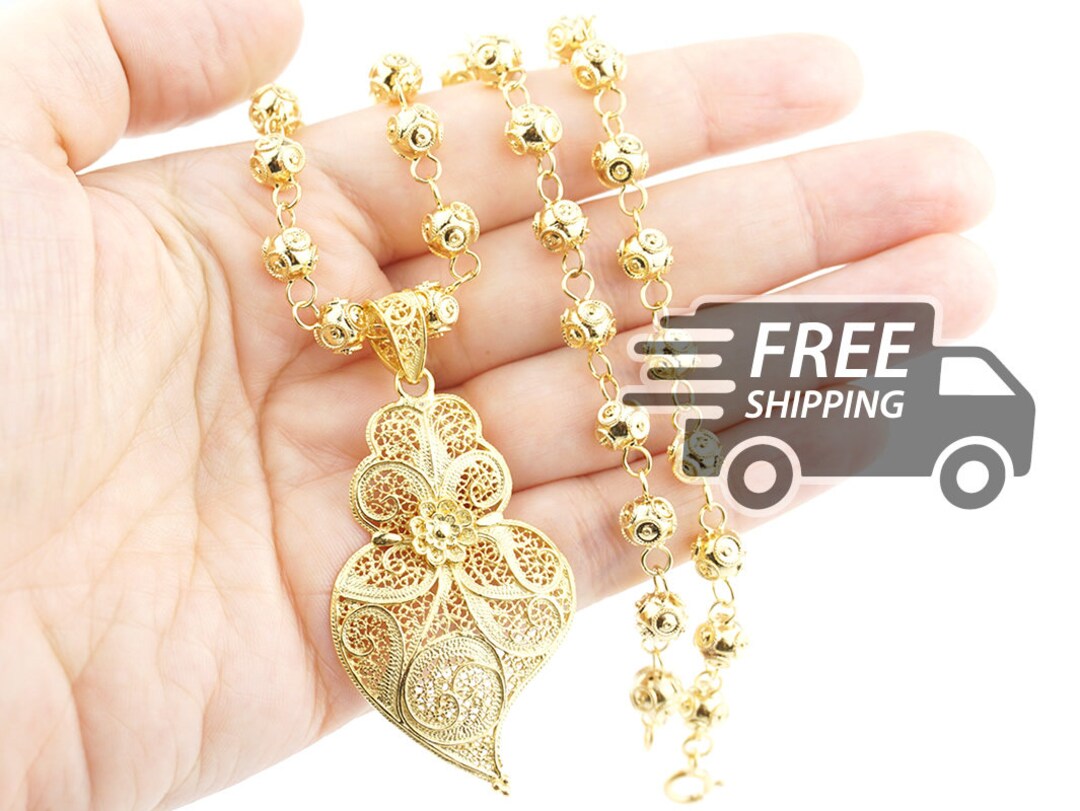 Portuguese Filigree Necklace: Viana Heart, Small Beads, Gold Plated 925 ...