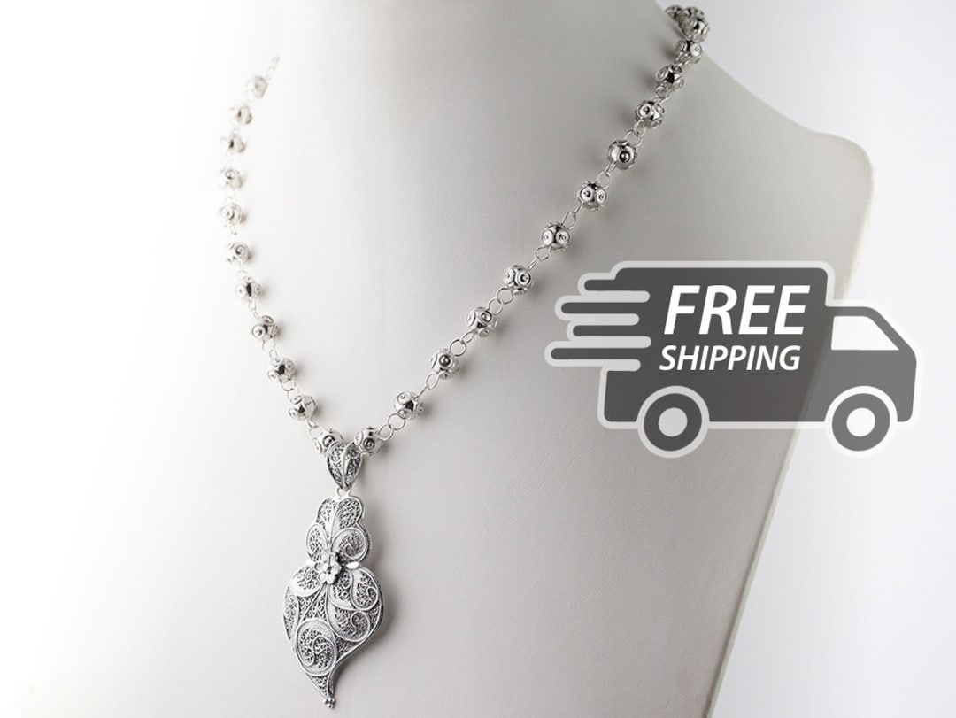 Portuguese Filigree Necklace: Viana Heart, Small Beads, 925 Sterling ...