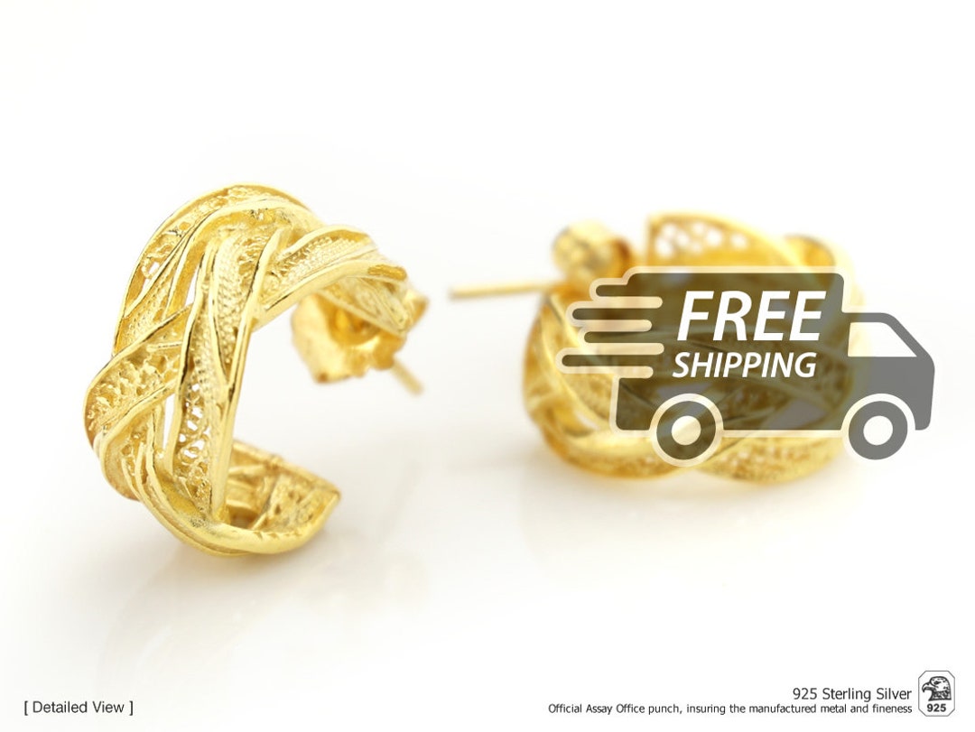 Portuguese Filigree Earrings: Braided Half Hoops, Gold Plated 925 ...