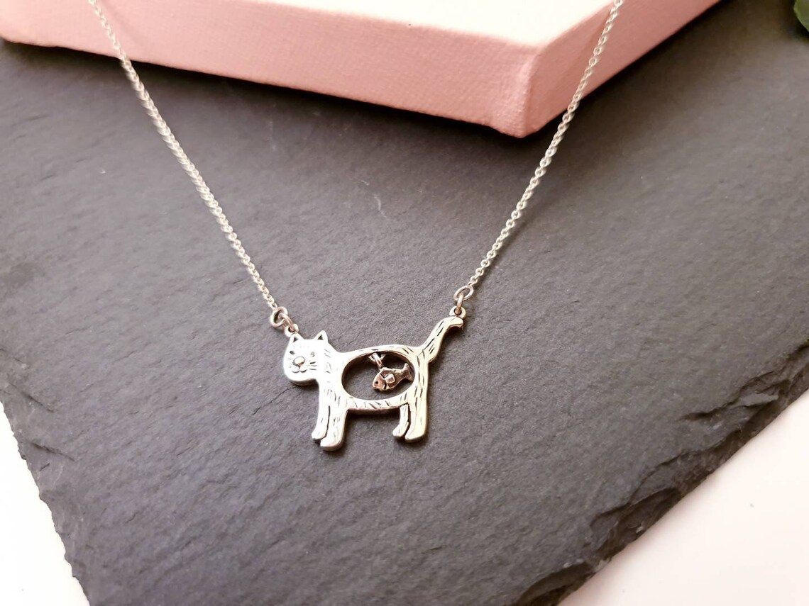 925 Sterling Silver Cat and Fish Necklace Cat Lovers Necklace - Etsy