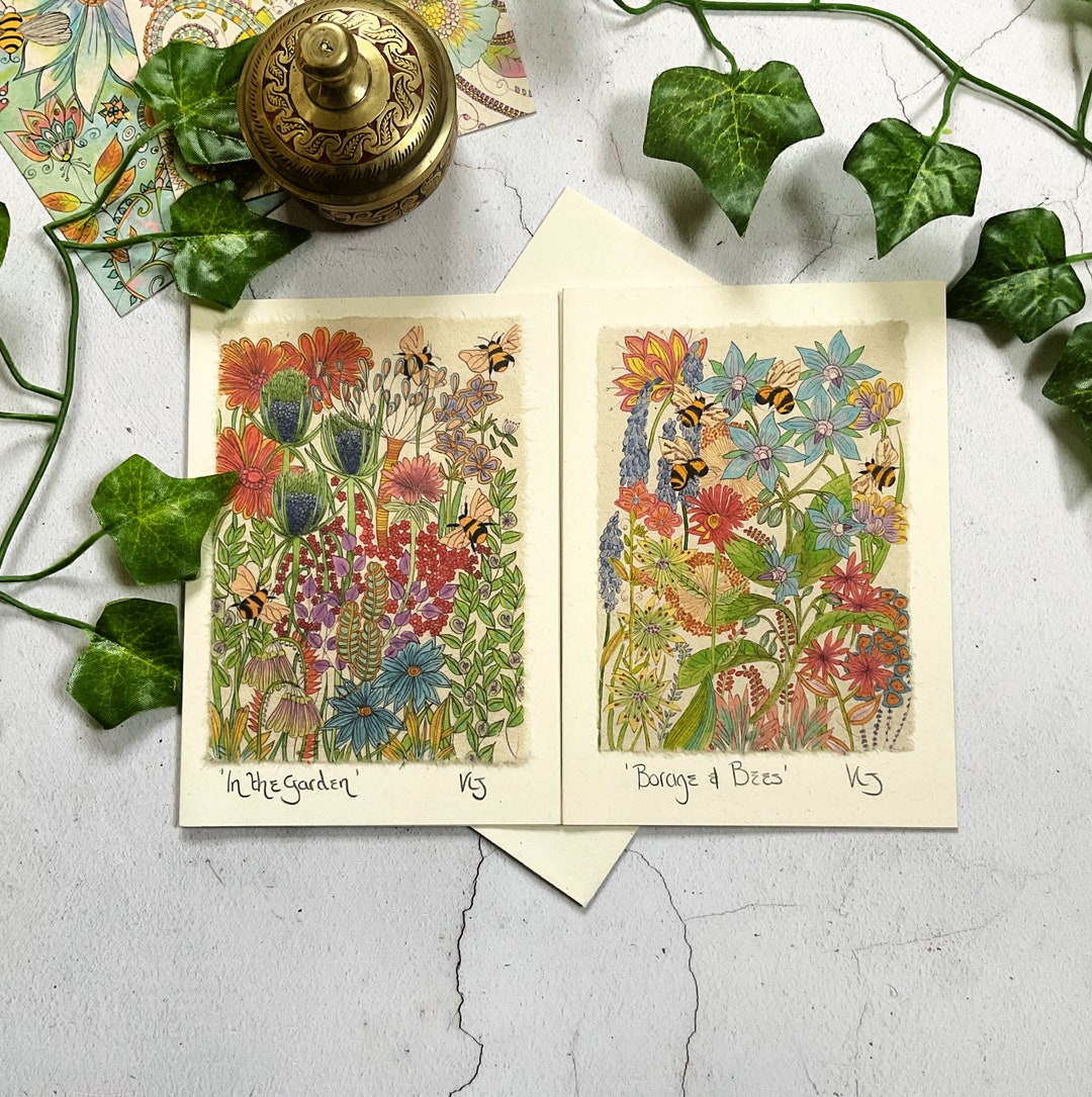 Handmade Bee Greetings Card: Pen and Ink Floral Art - Etsy