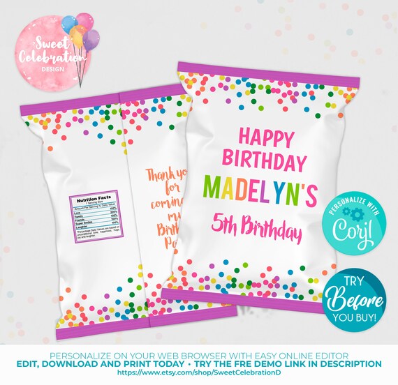 Bounce Confetti Chip Bag Editable Label Instant Download - Etsy