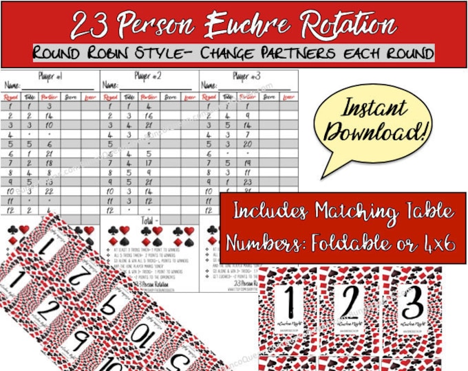 23 Person Euchre Rotation Score Sheet / Score Card / Euchre Tally ...