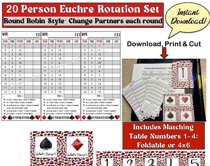 20 Person Euchre Rotation Score Sheet/euchre Tally W Table Numbers ...