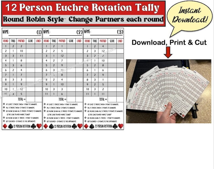 12 Person Euchre Tally Cards (round Robin- Progressive Tournament ...