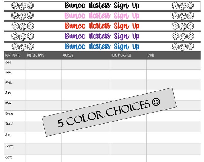 Bunco Hostess Sign up Sheet Download (black, Pink, Red, Purple or Blue ...