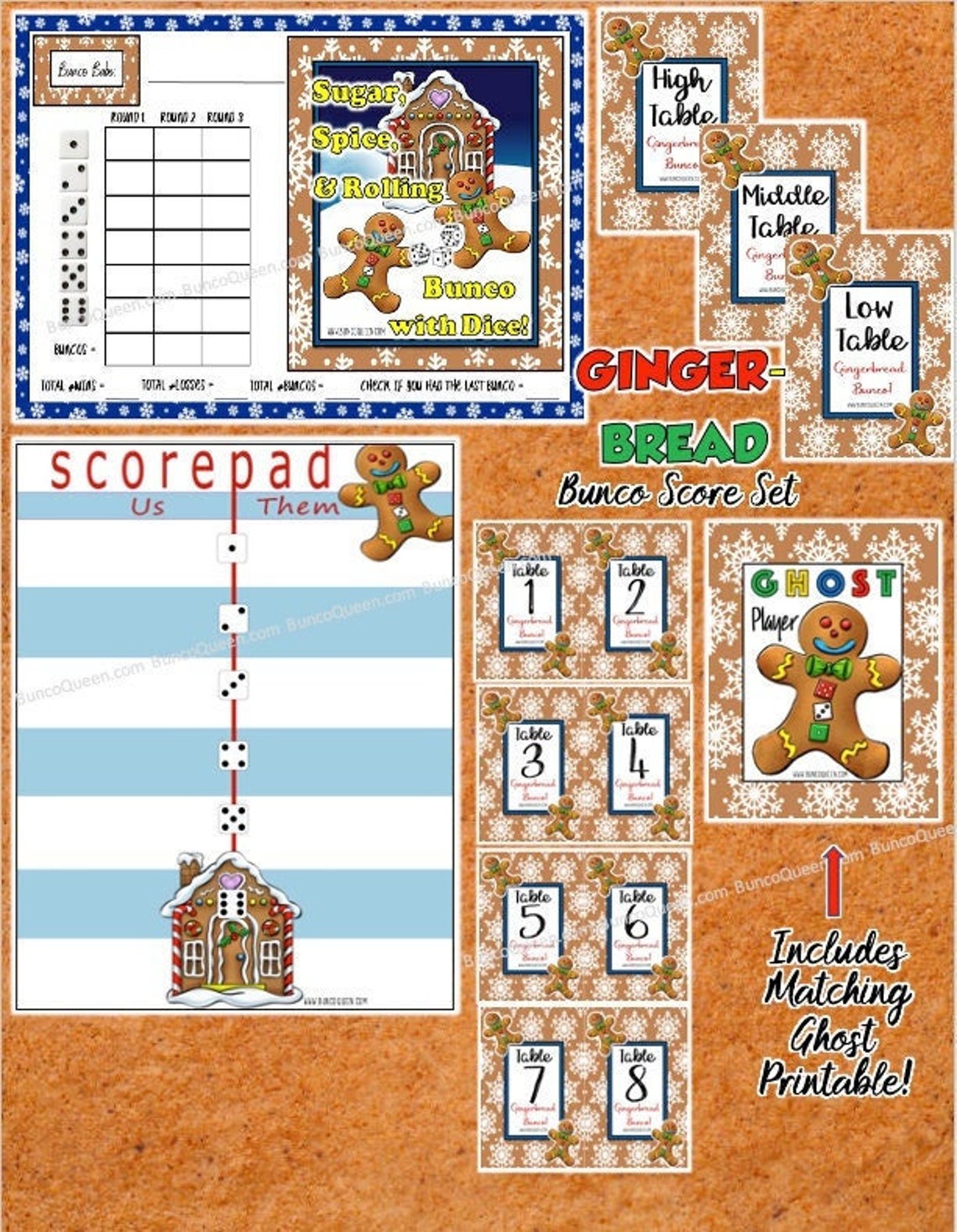 Gingerbread Bunco Score Set Table Numbers Score Sheets and | Etsy