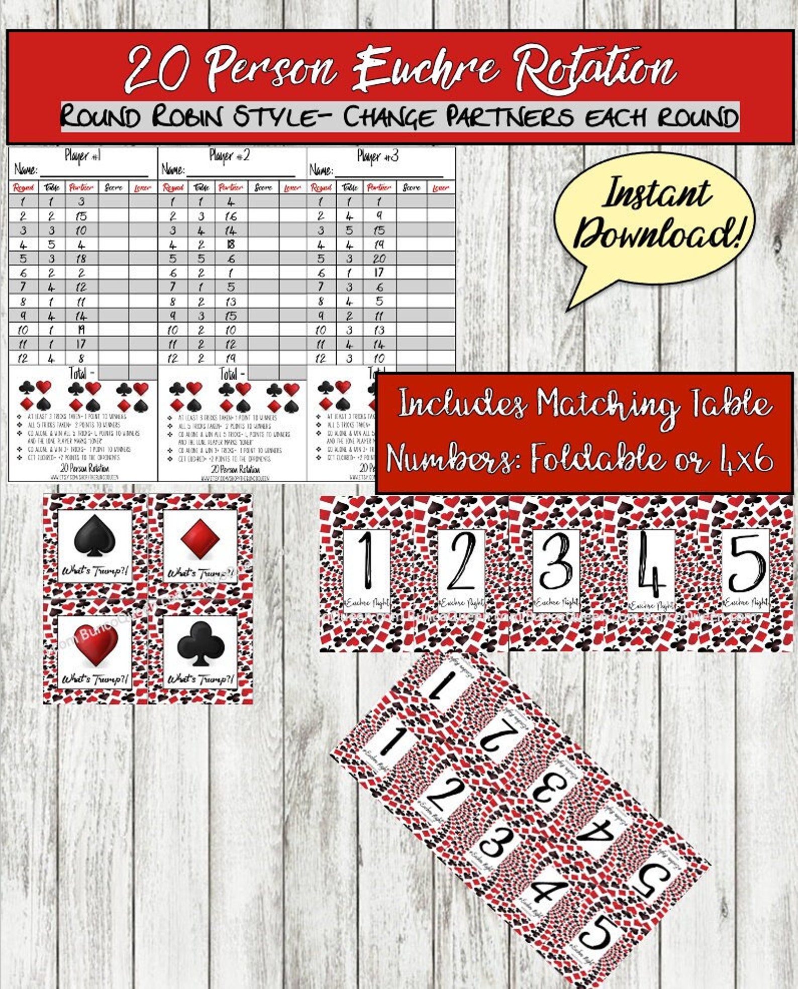 20 Person Euchre Rotation Score Sheet/euchre Tally W Table - Etsy