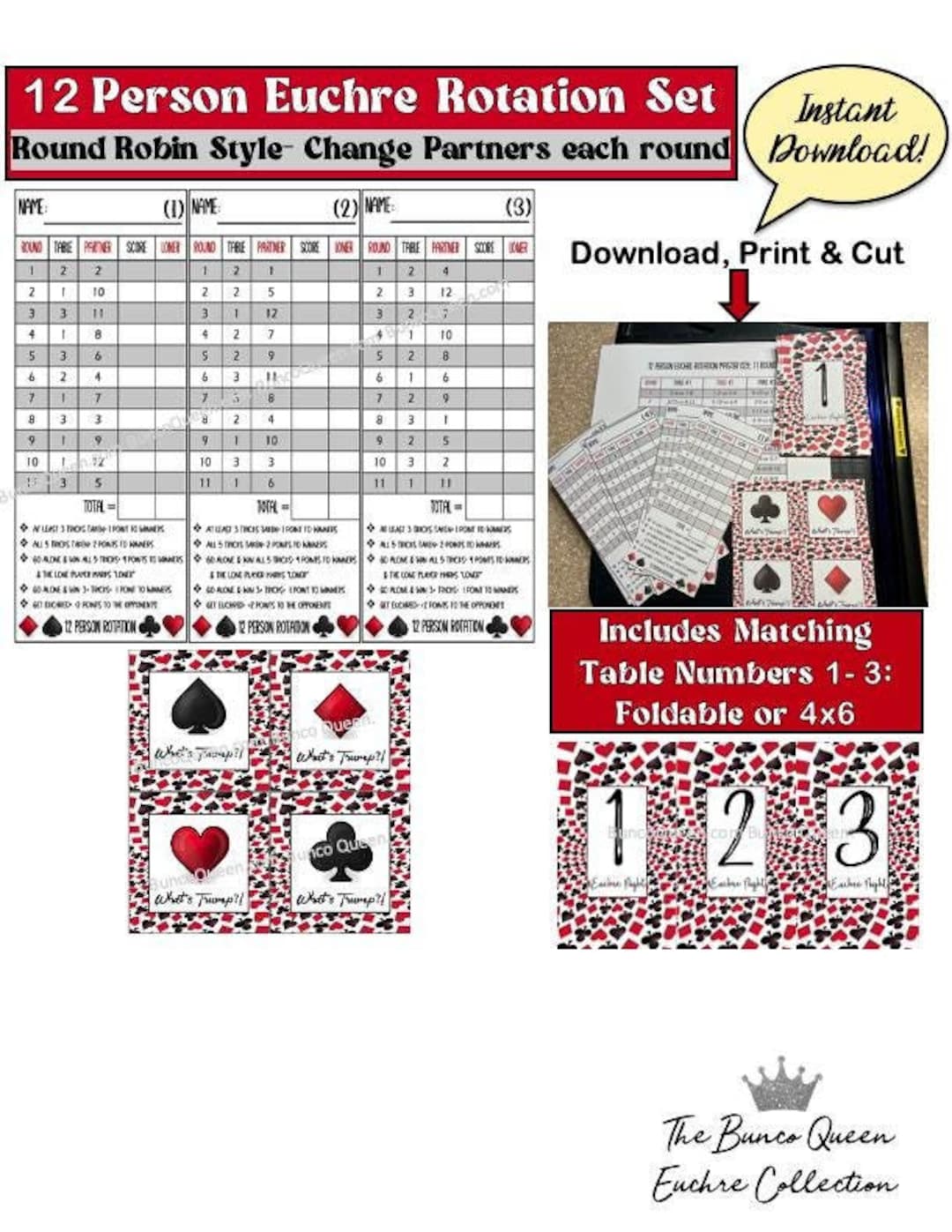 12 Person Euchre Tally Card SET (round Robin- Progressive Tournament ...