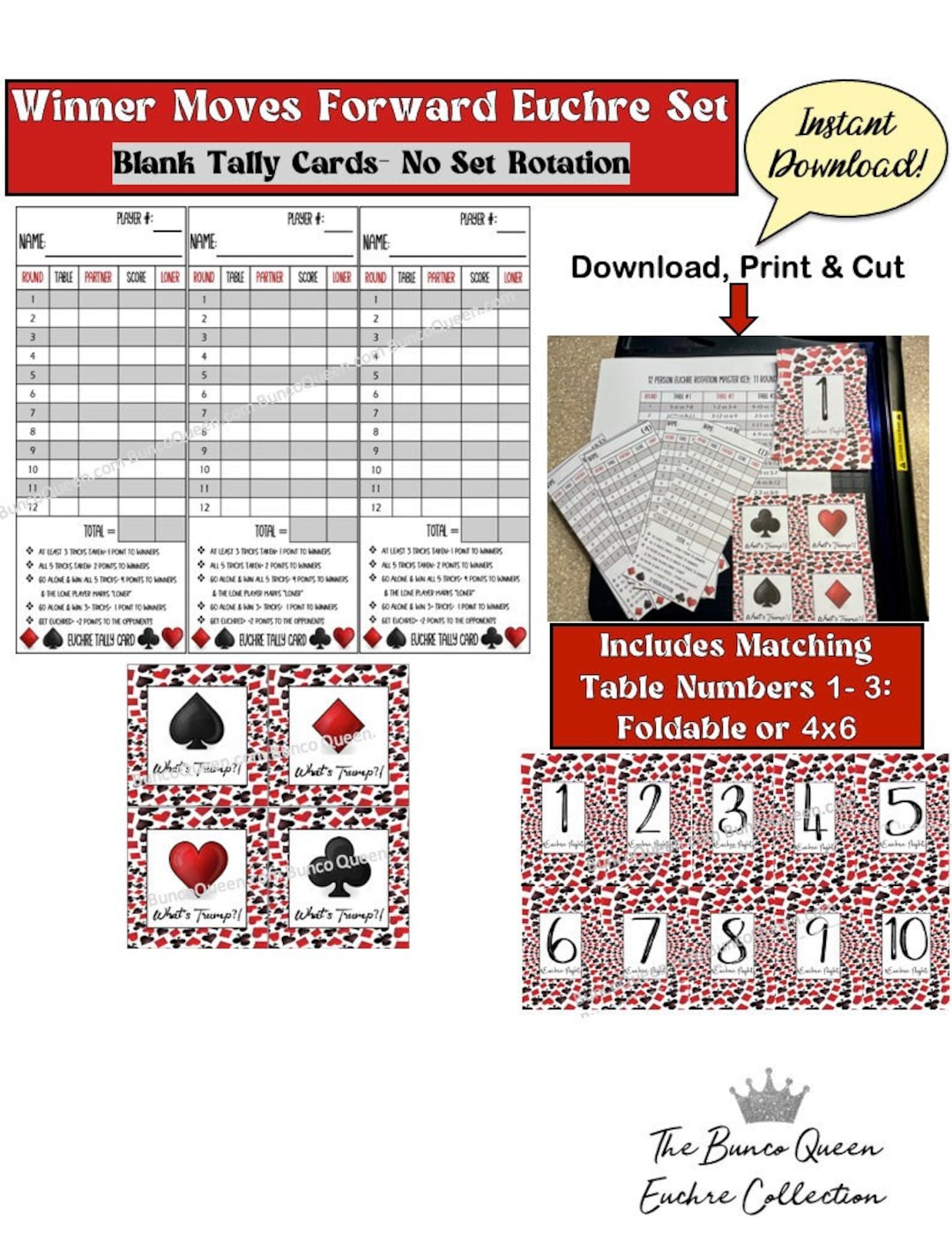 Winner Moves Forward Euchre Rotation Set. Blank Euchre Tally Sheets W ...