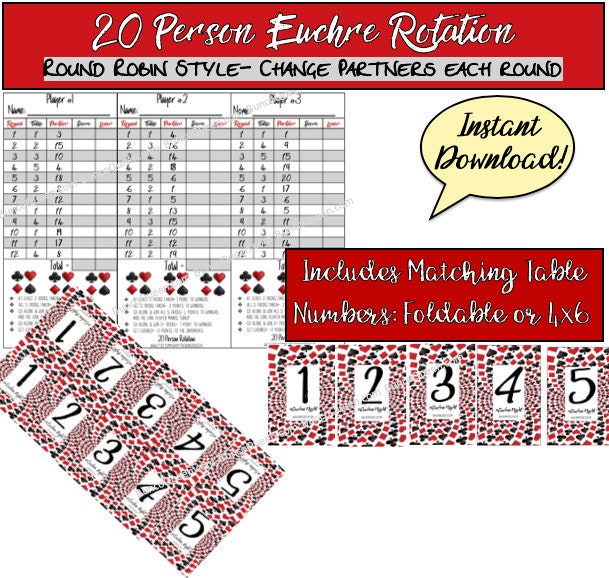 20 Person Euchre Rotation Score Sheet/euchre Tally W Table | Etsy UK