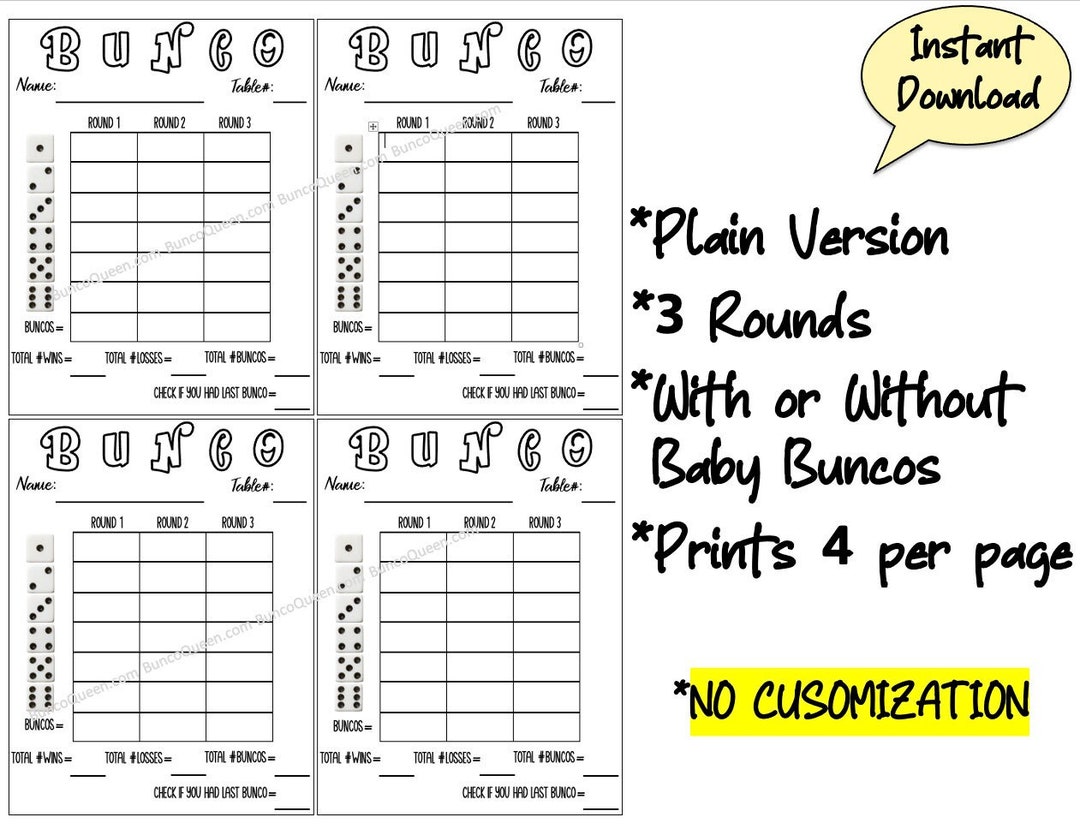 NO CUSTOMIZATION: 3 Round BASIC Bunco Score Card / Score Sheet Budget Friendly. Prints 4 per ...