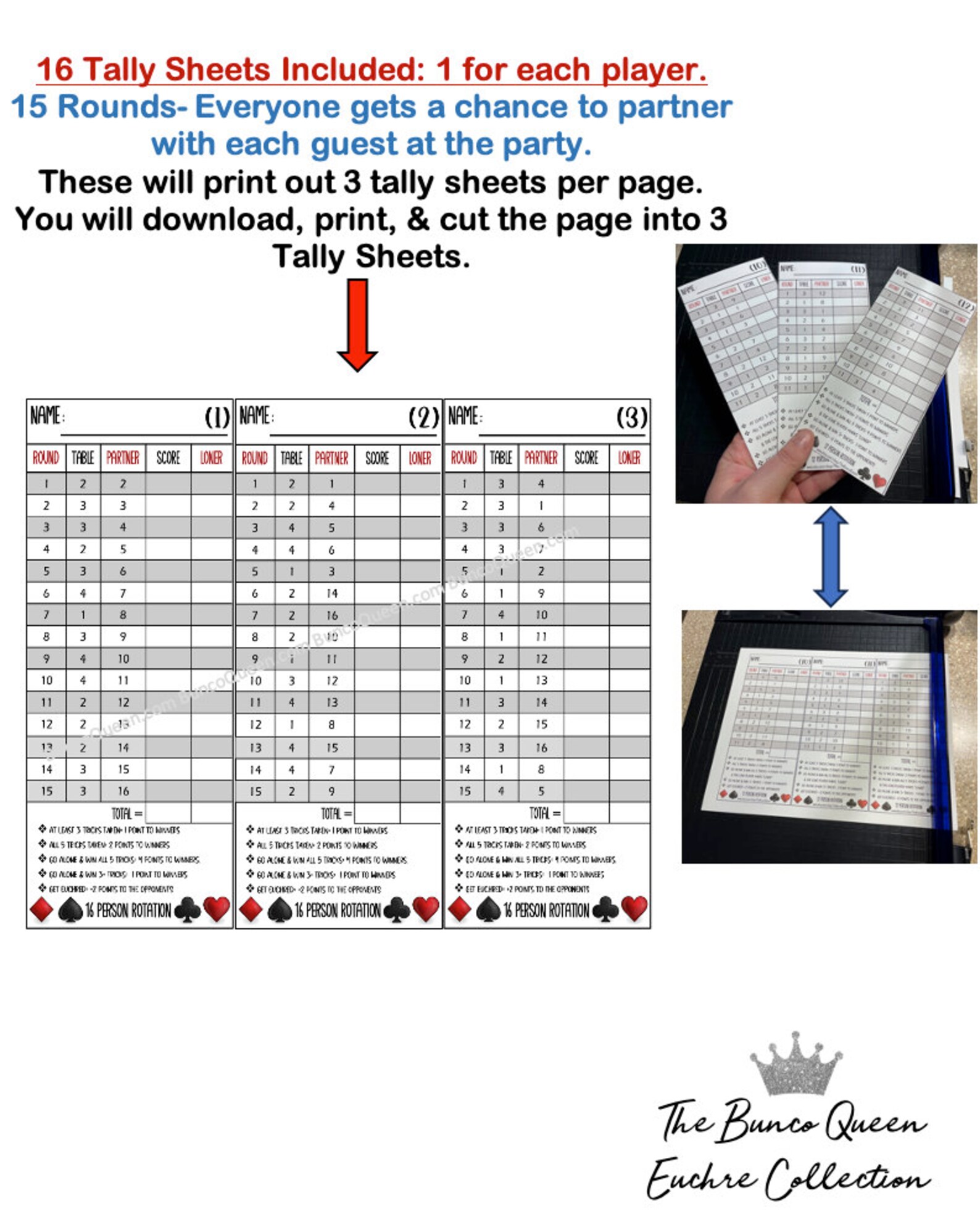 16 Person Euchre Tally Cards (round Robin- Progressive Tournament ...