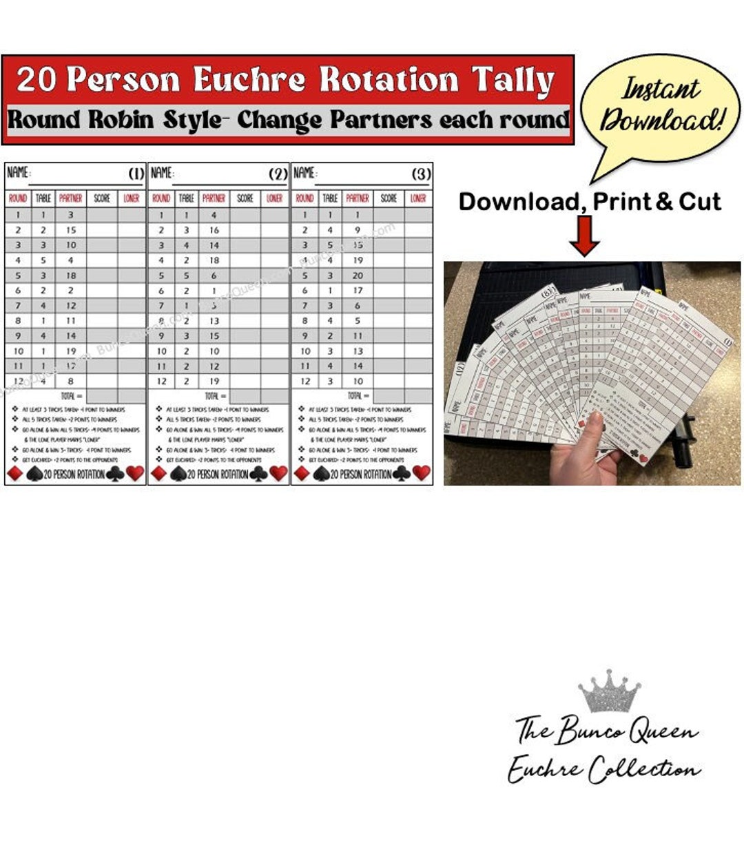 20 Person Euchre Tally Cards (round Robin- Progressive Tournament ...
