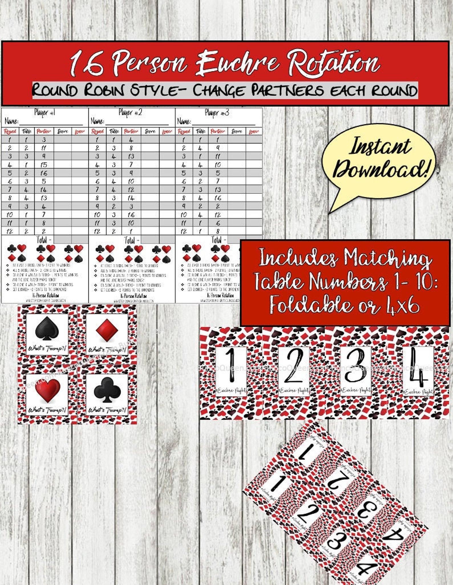 16 Person Euchre Rotation Score Sheet/euchre Tally W Table - Etsy
