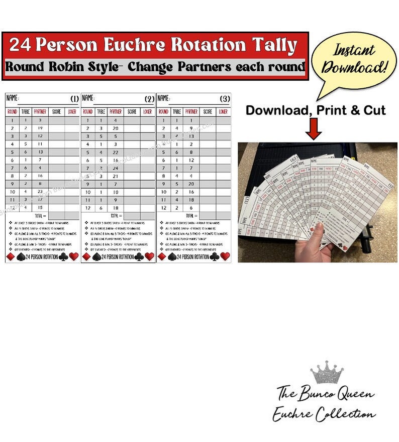 24 Person Euchre Tally Cards (round Robin- Progressive Tournament ...