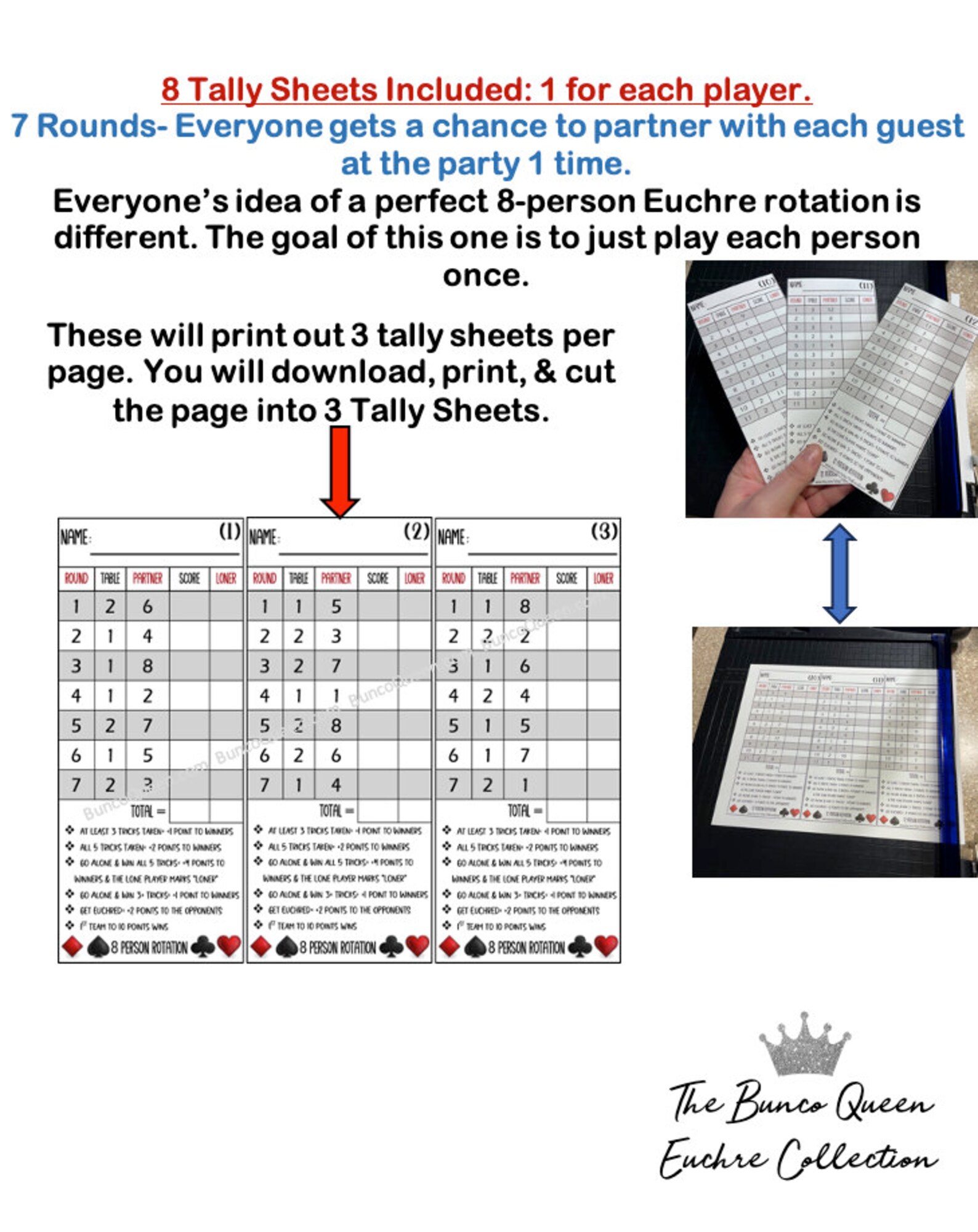8 Person Euchre Tally Cards (round Robin- Progressive Tournament ...