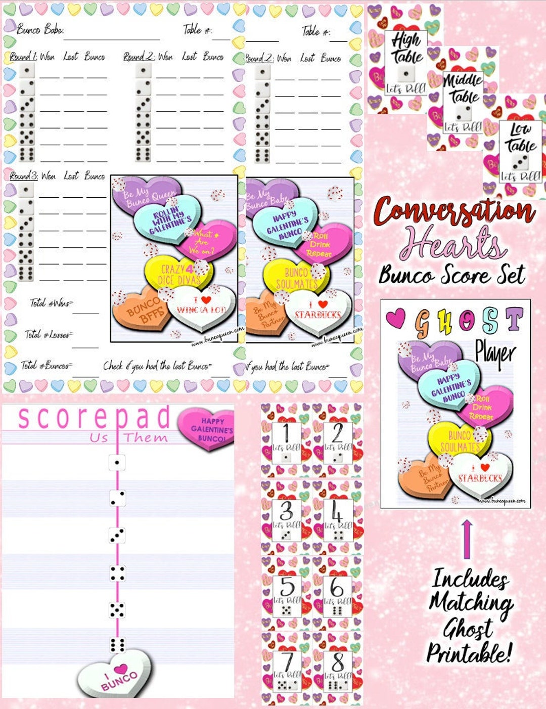 Free Customization Valentine's Day Candy Conversation Hearts Bunco ...