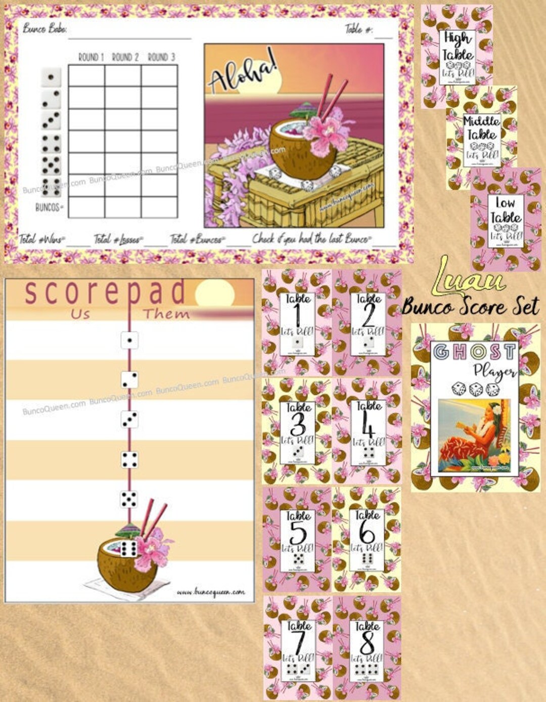 FREE PERSONALIZATION** Hawaiian Luau Bunco Score Sheet Set W/ Matching ...