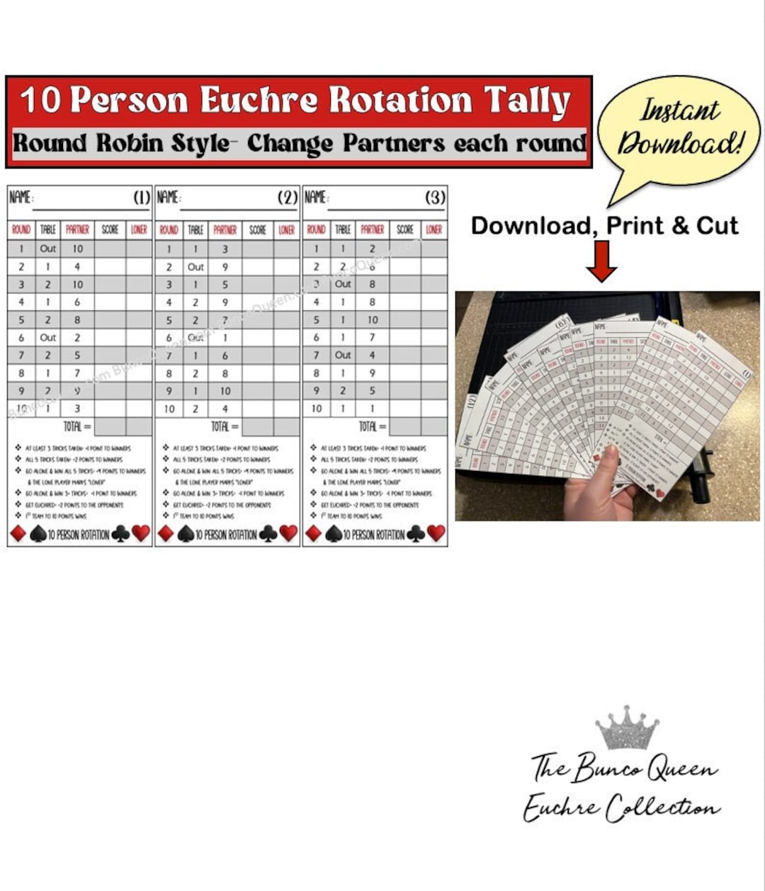 10 Person Euchre Tally Cards (round Robin- Progressive Tournament ...
