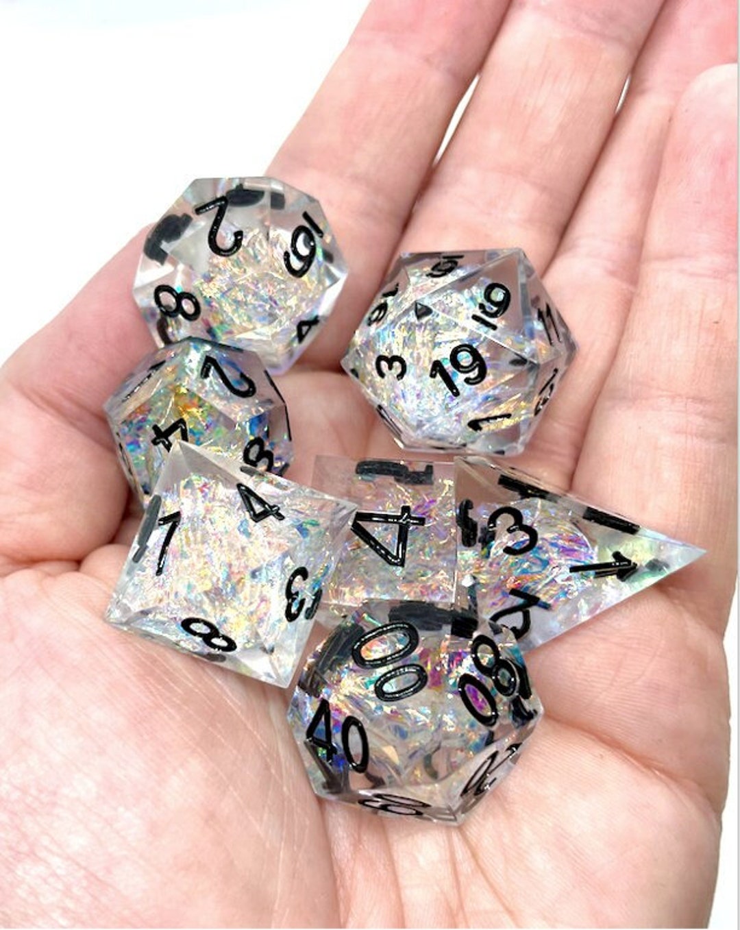 Oversized Sharp Edge Resin Polyhedral DND Dice Set FREE Dice Tin. Clear ...