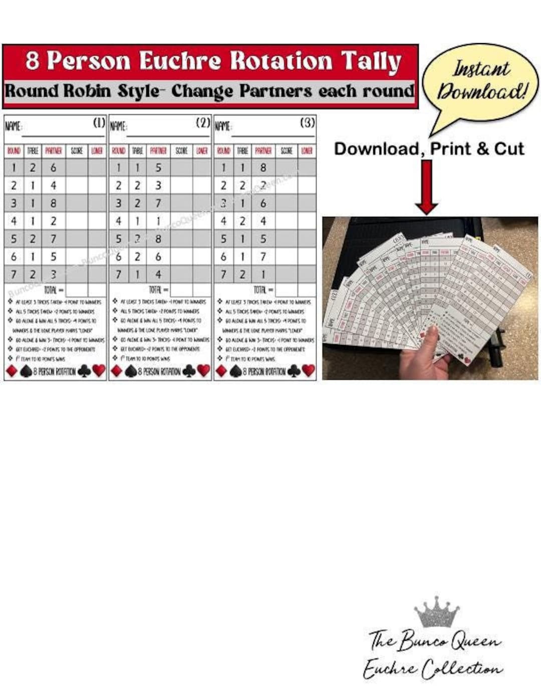 8 Person Euchre Tally Cards (round Robin- Progressive Tournament ...