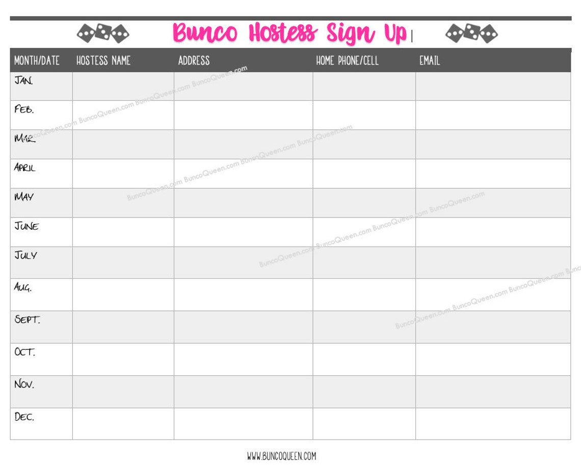 Bunco Hostess Sign up Sheet Download pink Red Purple or - Etsy