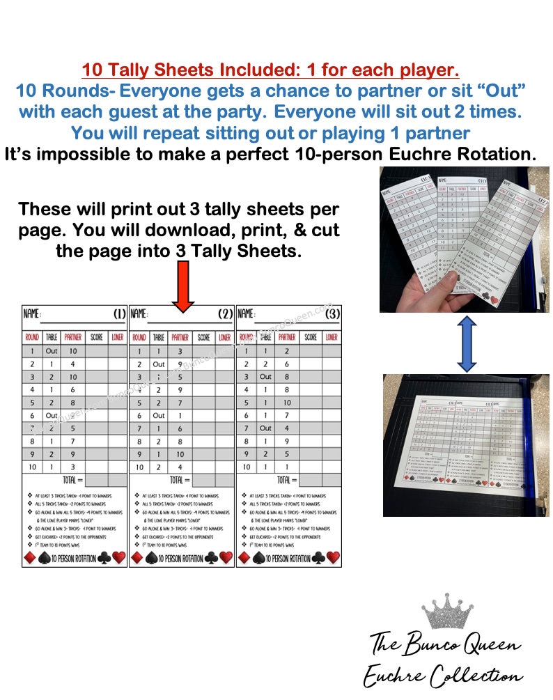 10 Person Euchre Tally Cards (round Robin- Progressive Tournament ...