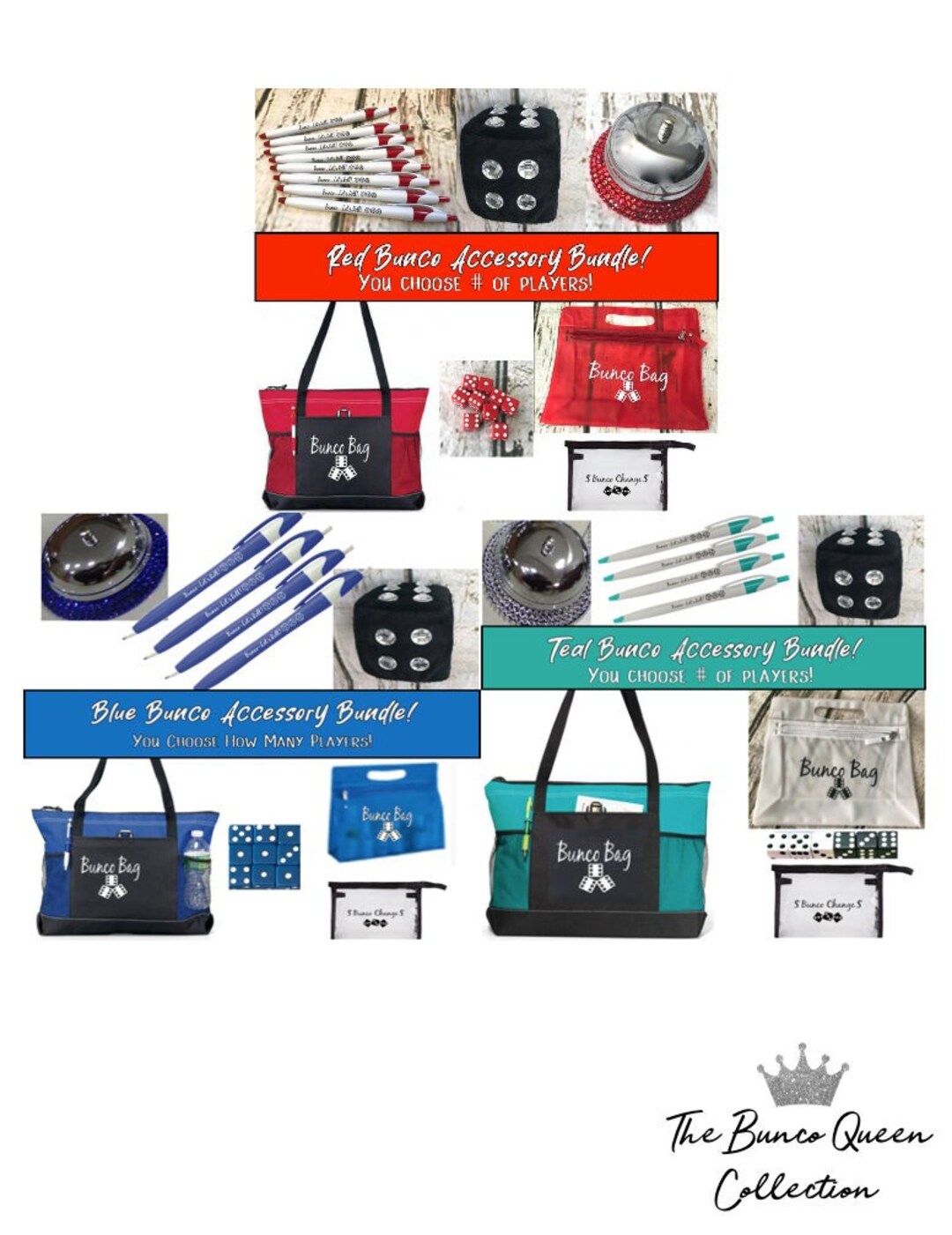 Bunco Accessory Bundle- Deluxe Bunco Bag, Rhinestone Call Bell, Dice ...