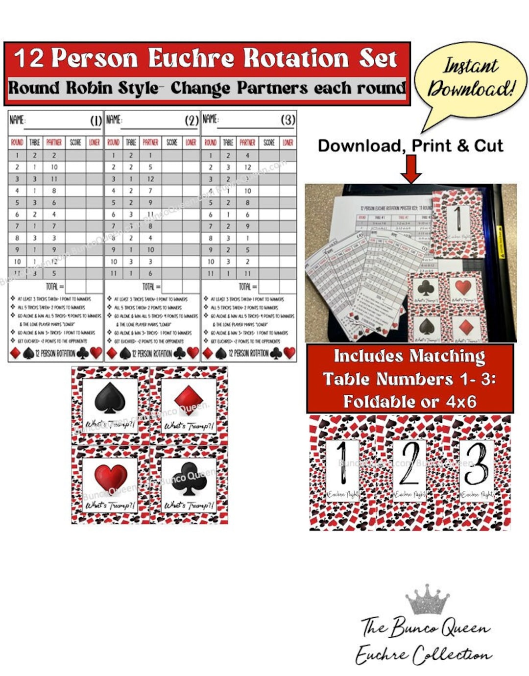 12 Person Euchre Tally Card SET round Robin Progressive Tournament ...