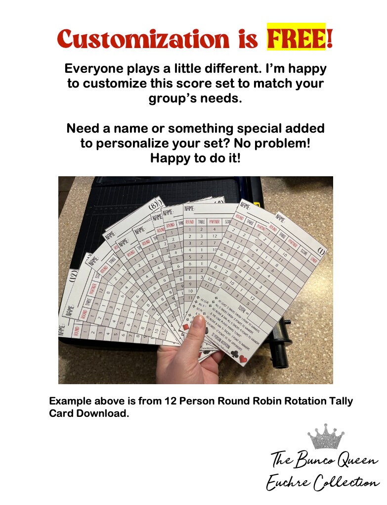 10 Person Euchre Tally Cards (round Robin- Progressive Tournament ...