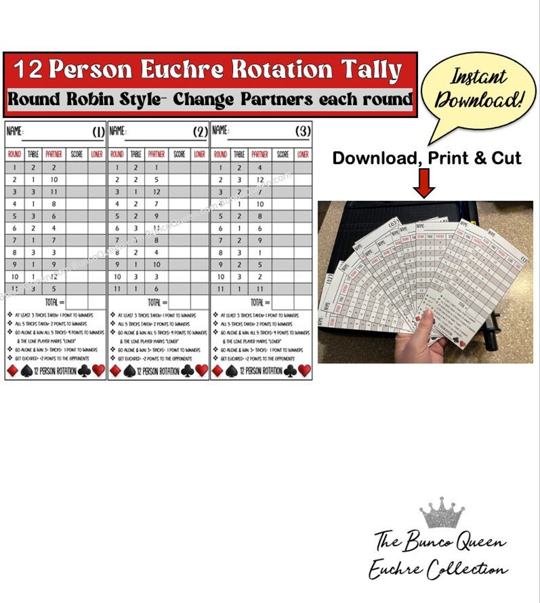 12 Person Euchre Tally Cards (round Robin- Progressive Tournament ...