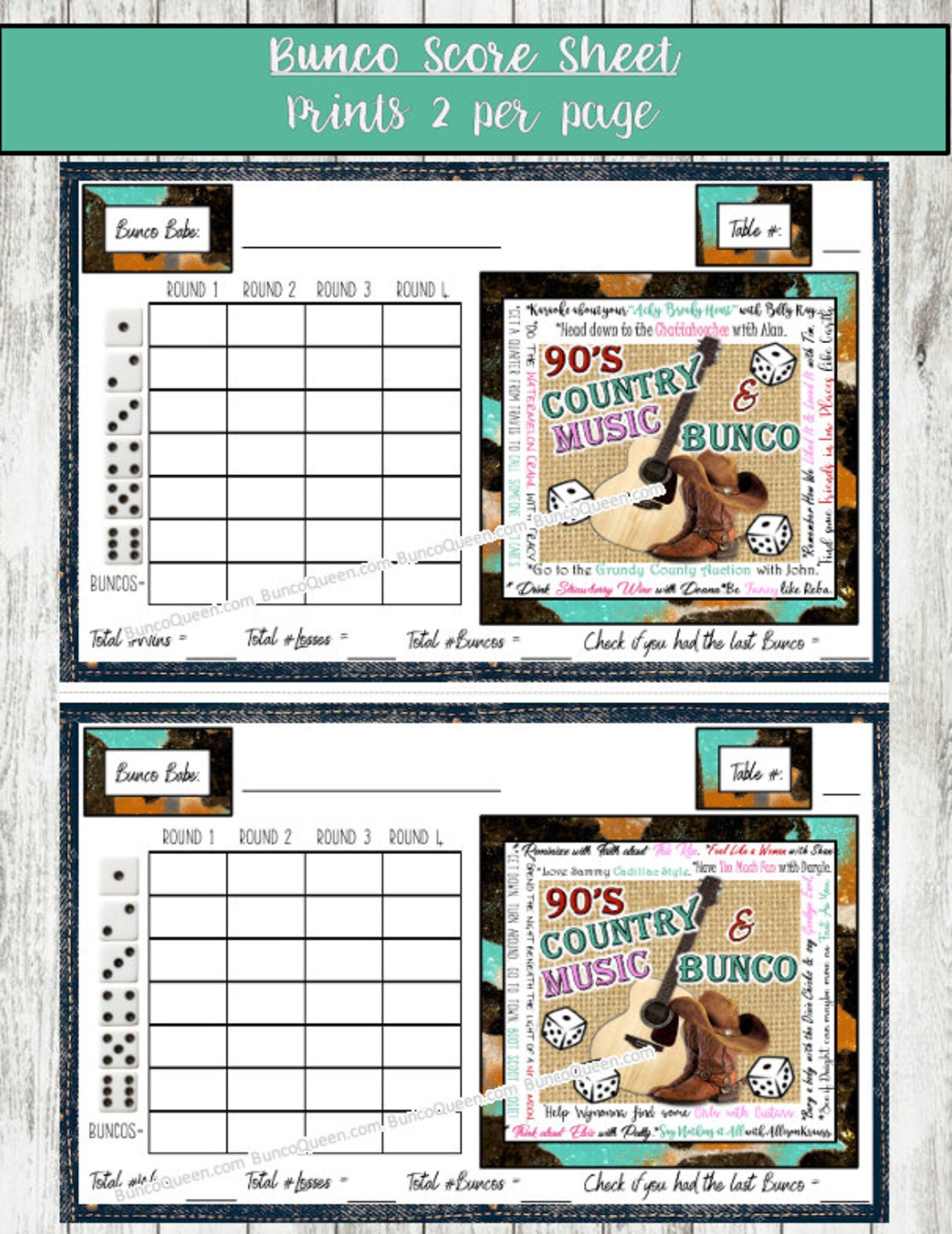FREE Customization*** 90s Country Music Bunco Score Sheet Bundle Set W ...
