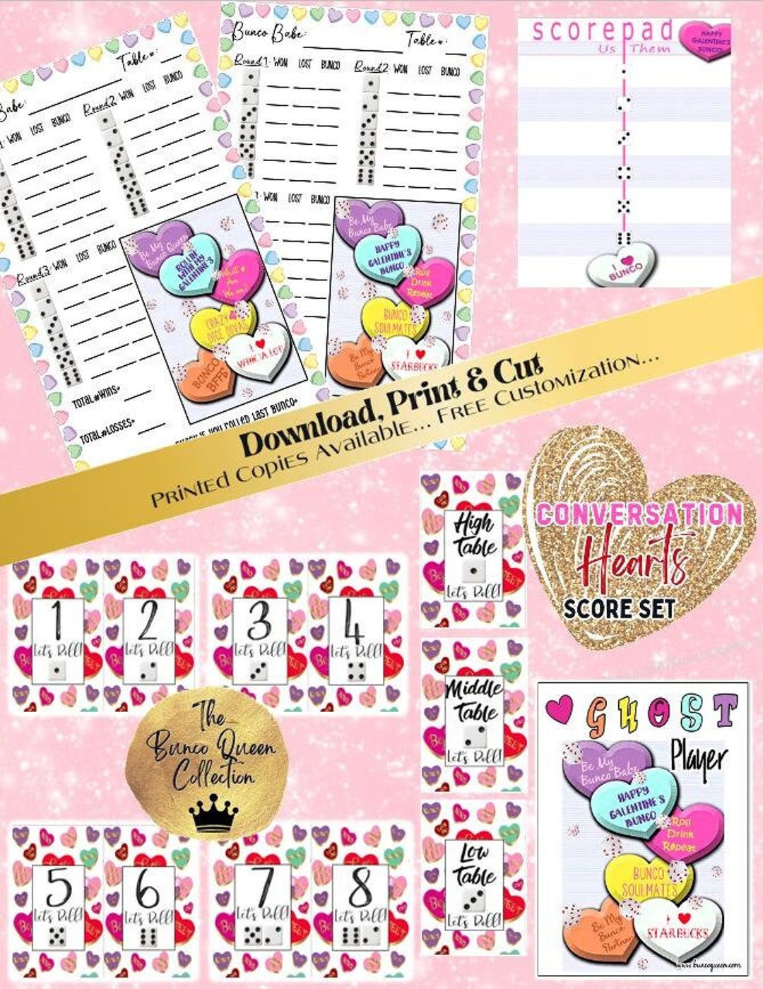 Free Customization Valentine's Day Candy Conversation Hearts Bunco ...