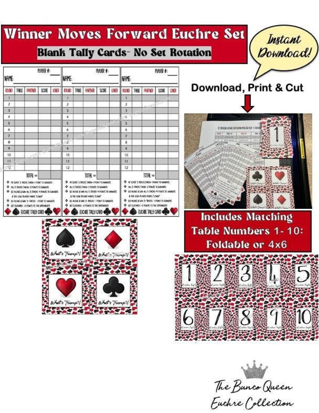 Winner Moves Forward Euchre Rotation Set. Blank Euchre Tally Sheets W ...