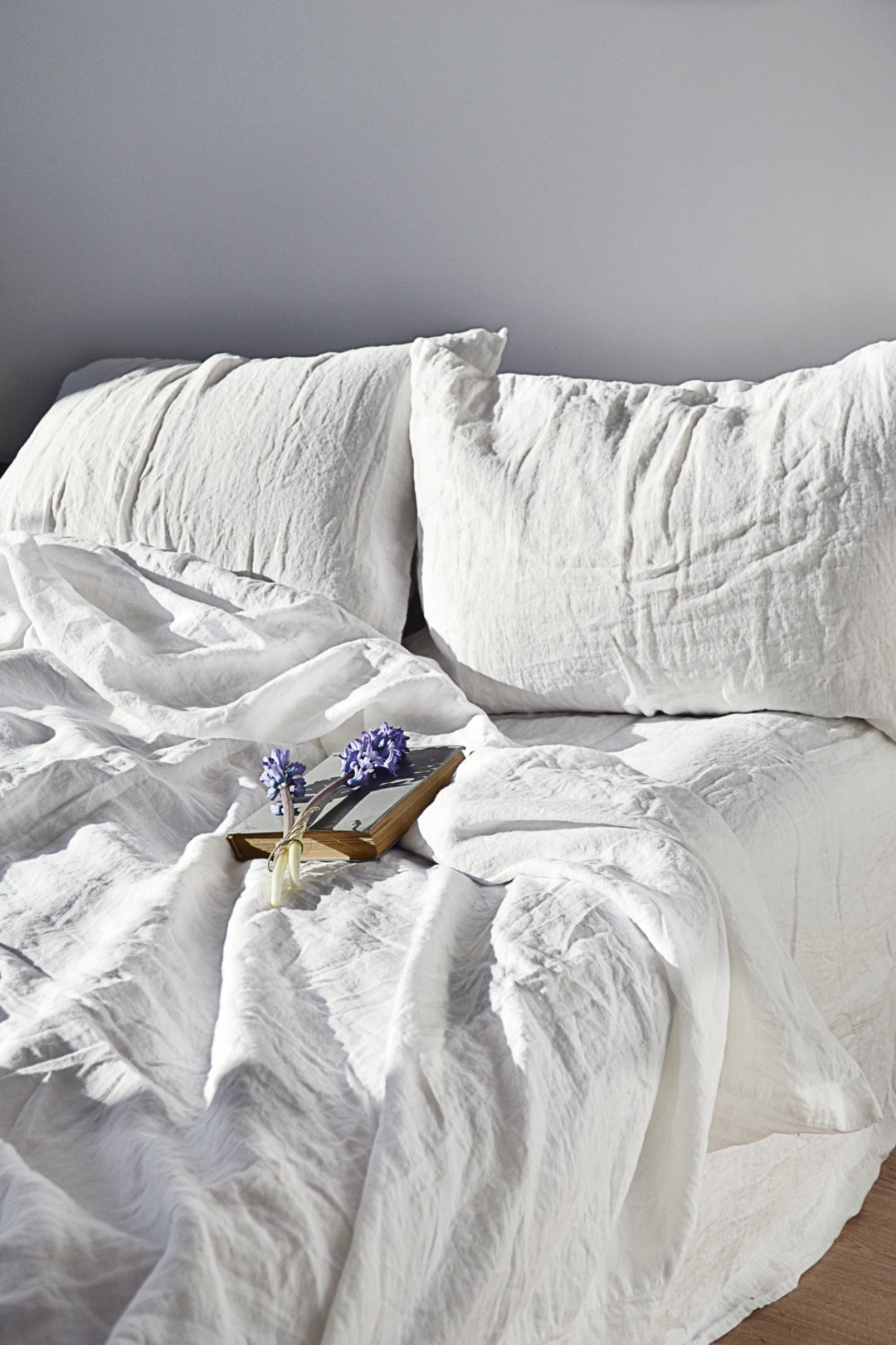 Simple White Complete Linen Bed Set, Duvet Cover, Flat Sheet ...