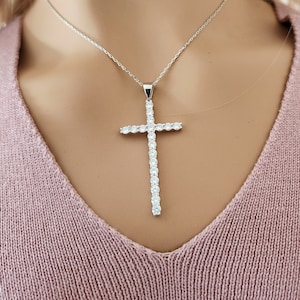 Large Cross Necklace 925 Sterling Silver & Cubic Zirconia / 1.75ct. TWD ...