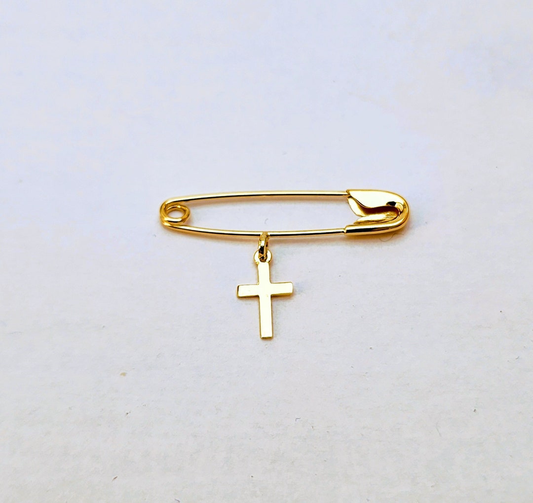 Baby Safety Pin Cross Charms 14k Yellow Gold / Solid Gold / Christening ...