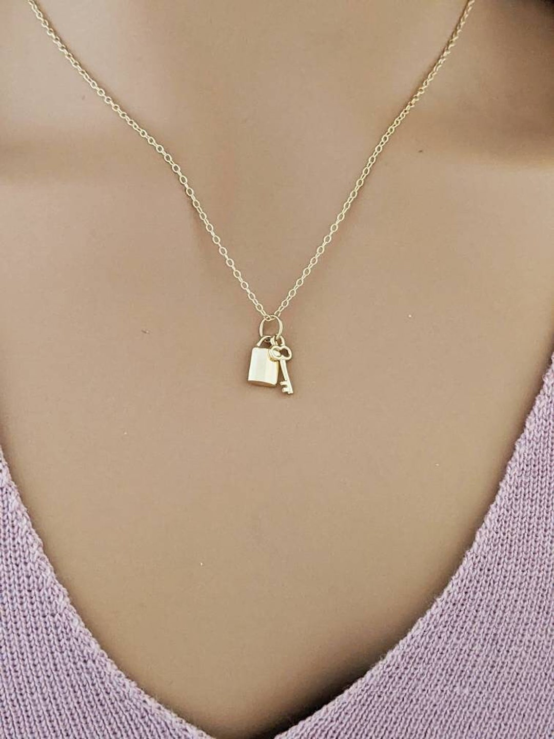 Small Padlock & Key Charm Pendant 14k Yellow Gold / Layering / Solid ...