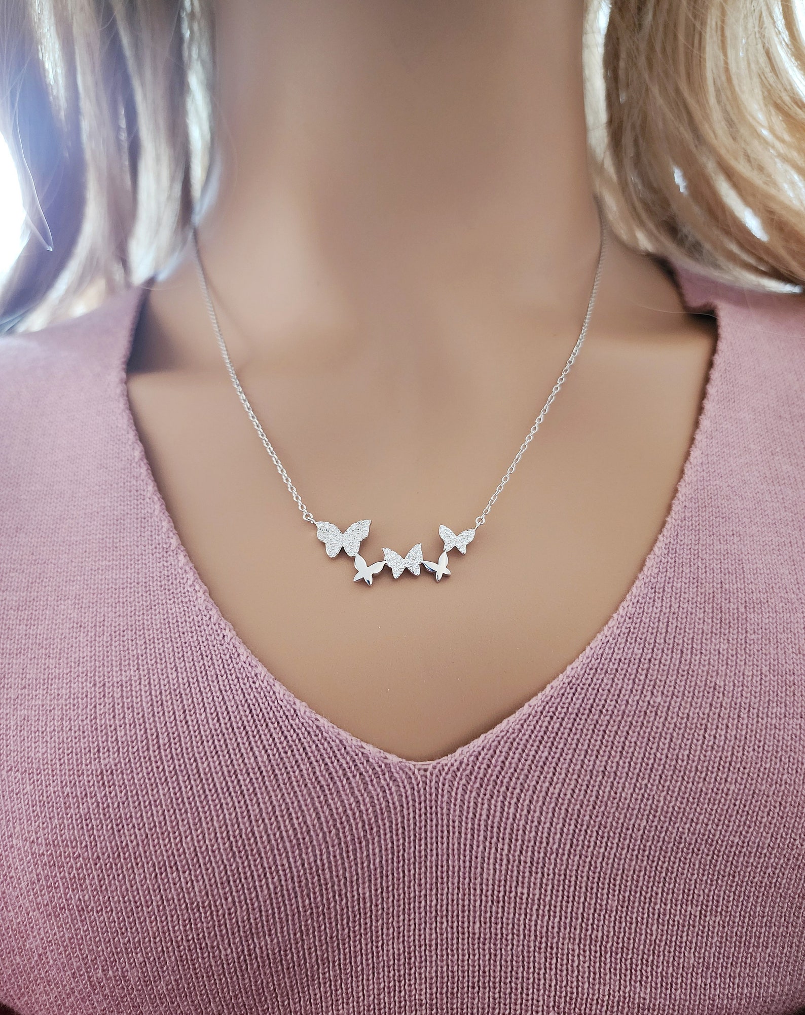 Multi Butterfly Necklace 925 Sterling Silver Cubic Zirconia / Fashion ...