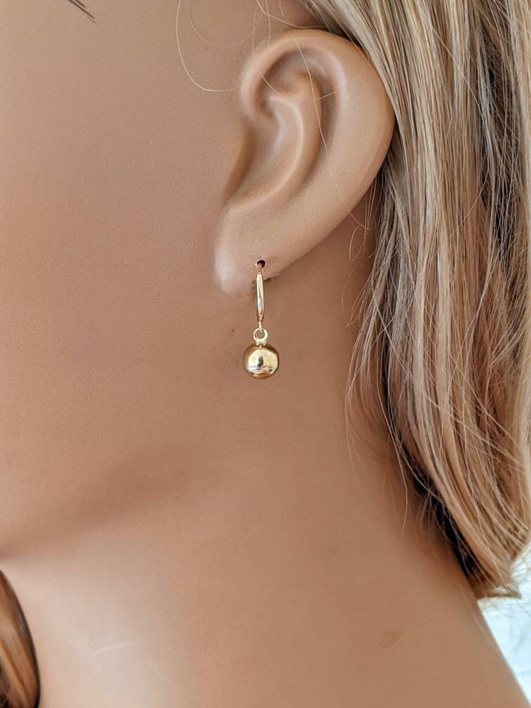 Dangling Ball Hoop Earrings 14k Yellow Gold / Puffed Ball / NOT Gold ...