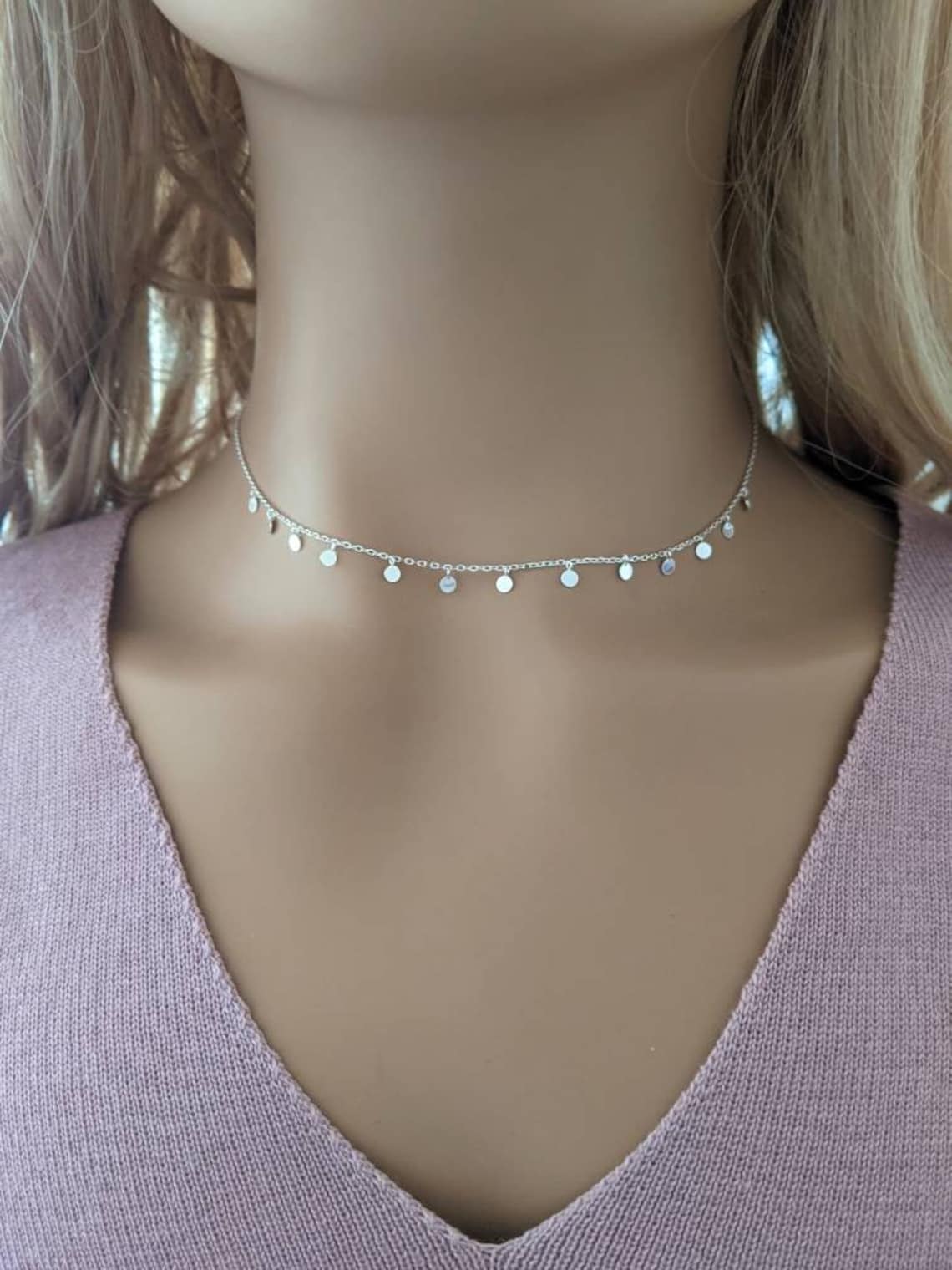 Mini Disc Dangle Choker Necklace 925 Sterling Silver / Disc Choker ...