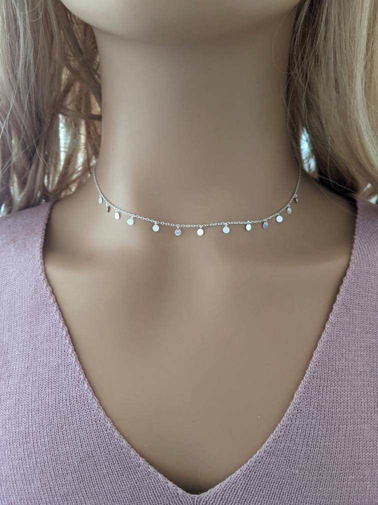 Mini Disc Dangle Choker Necklace 925 Sterling Silver / Disc Choker ...