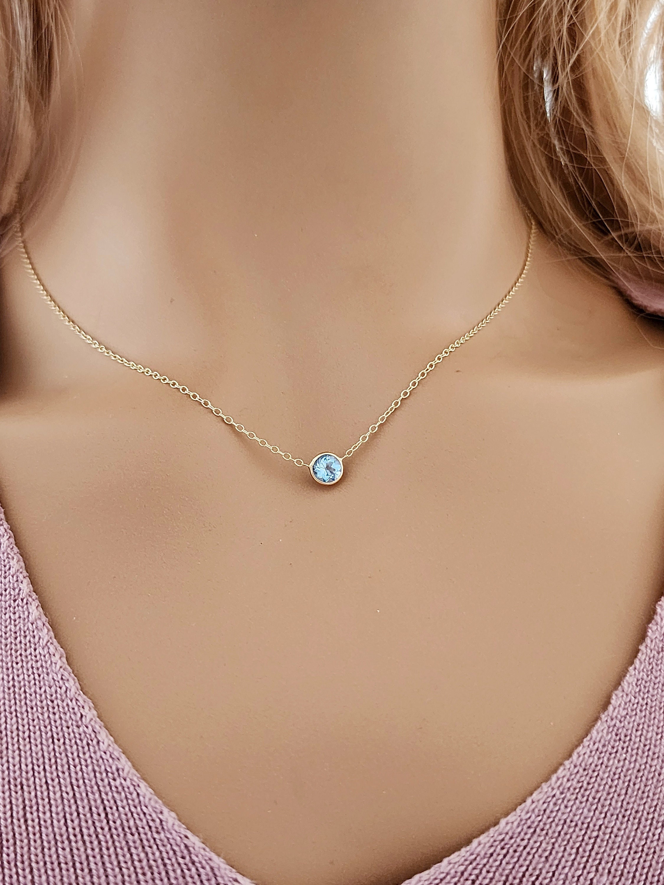 Natural Blue Topaz Necklace 14k Yellow Gold/ 5mm. Blue Topaz / Floating ...