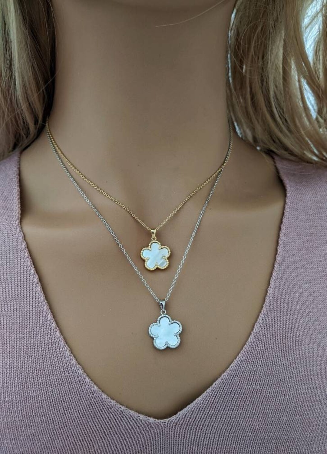 Clover Leaf Necklace 925 Sterling Silver / Mother of Pearls / Solid ...