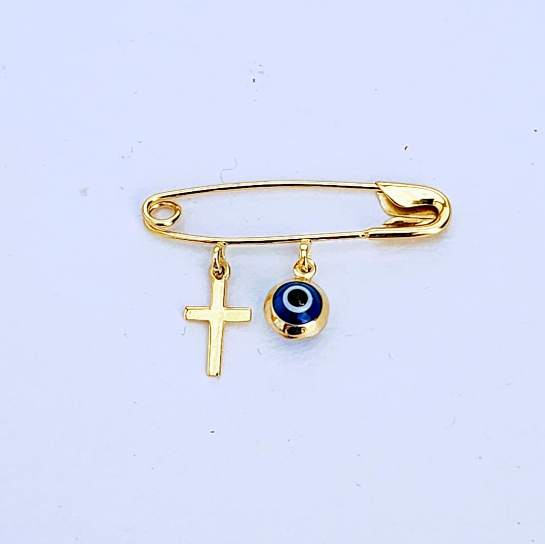 Baby Safety Pin Evil Eye & Cross Charms 14k Yellow Gold / Christening ...