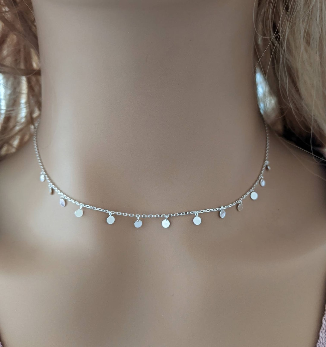 Mini Disc Dangle Choker Necklace 925 Sterling Silver / Disc Choker ...